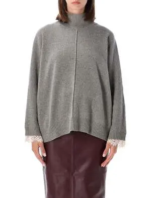 Alberta Ferretti Cashmere Turtleneck Sweater With Lace-trim Cuffs - Grigio