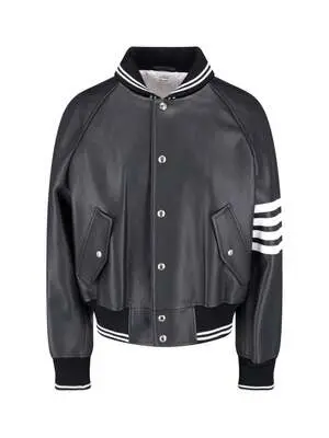 Thom Browne Leather Jacket With Wool-acrylic Knit Detail - Black