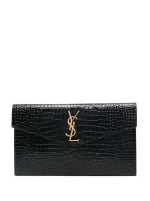 Saint Laurent Crocodile-embossed Shiny Leather Mini Clutch Bag - Nero