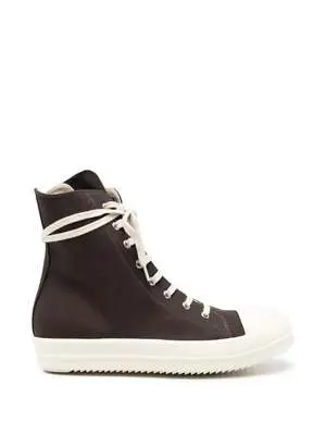 Rick Owens Overdyed Denim High Top Sneakers With Side Zip And Cap Toe - Marrone