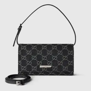Gucci Small Pouch With Strap And Plaque Fabric - Black