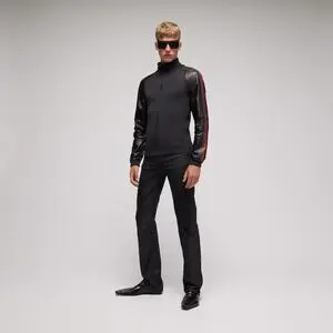 Gucci Zip-up Fine Rib Wool Jacket With Leather Sleeves And Web Detail