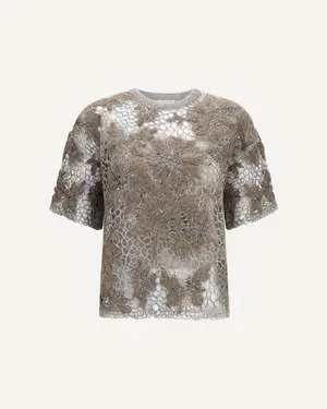 Brunello Cucinelli Crew-neck Top With Floral Embroidery And Sequins - Beige