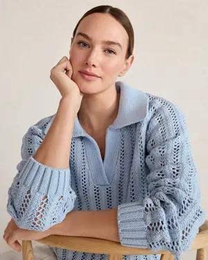 HAVEN WELL WITHIN Open Stitch Johnny Collar Sweater Dewdrop