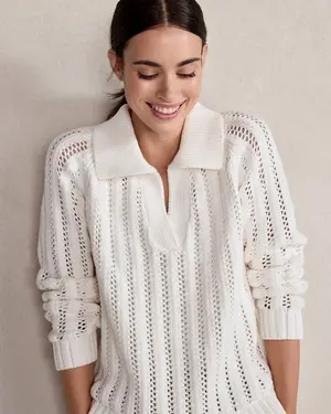 HAVEN WELL WITHIN Open Stitch Johnny Collar Sweater - Ivory