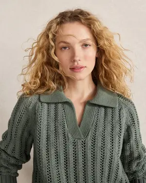 HAVEN WELL WITHIN Open Stitch Johnny Collar Sweater - Ivory