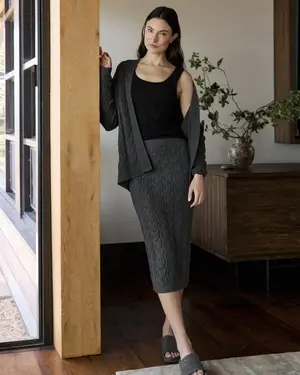 HAVEN WELL WITHIN Organic Cotton Blend Cable Knit Midi Skirt - Basalt Heather