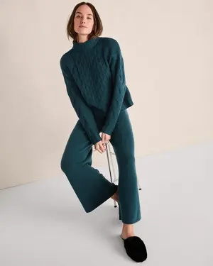 HAVEN WELL WITHIN Cashmere Honeycomb Cable Mockneck Sweater - Neptune