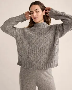 HAVEN WELL WITHIN Cashmere Honeycomb Cable Mockneck Sweater - Neptune