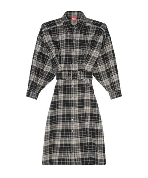 DIESEL® Midi Dress In Check Flannel With Wide Belt - Gray/black