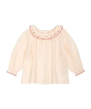 Bonpoint Long-sleeved Top With Ruffled Collar And Patterned Decoration