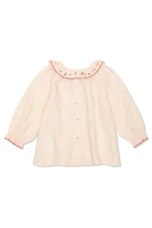 Bonpoint Long-sleeved Top With Ruffled Collar And Patterned Decoration