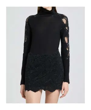 Ermanno Scervino Long-sleeved Virgin Wool Turtleneck Sweater With Lace And Crystal Embellishments