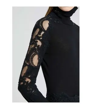 Ermanno Scervino Long-sleeved Virgin Wool Turtleneck Sweater With Lace And Crystal Embellishments