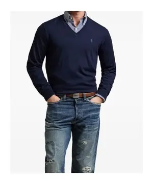 Polo Ralph Lauren V-neck Logo Embroidered Fine Knit Sweater