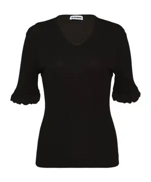 JIL SANDER Ribbed V-neck Top With Ruffled Cuffs