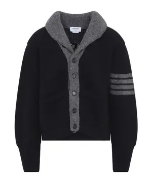 Thom Browne Knitted Hoodie With Rwb Stripes - Navy Blue