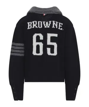 Thom Browne Knitted Hoodie With Rwb Stripes - Navy Blue