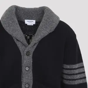Thom Browne Knitted Hoodie With Rwb Stripes - Navy Blue