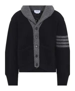 Thom Browne Knitted Hoodie With Rwb Stripes - Navy Blue