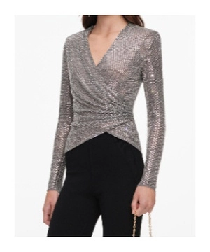 SELF-PORTRAIT Rhinestone Mesh Wrap Top - Grey
