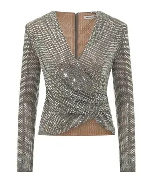 SELF-PORTRAIT Rhinestone Mesh Wrap Top - Grey