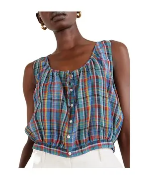 DÔEN Gathered Checked Organic Cotton-voile Top