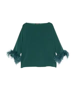 GIANLUCA CAPANNOLO Boat Neck Long Sleeve Top With Feather Trimmed Cuffs - Green