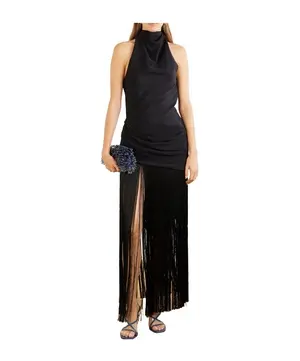 Cult Gaia Fringed Silk Halterneck Maxi Dress