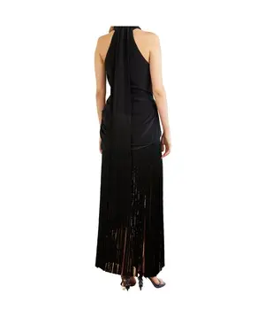 Cult Gaia Fringed Silk Halterneck Maxi Dress