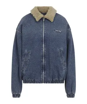 Miu Miu Shearling-collar Logo-patch Denim Jacket - Blue