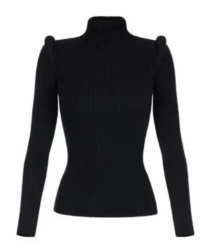 Elisabetta Franchi Ribbed Knit Turtleneck Sweater With Padded Shoulders - Black