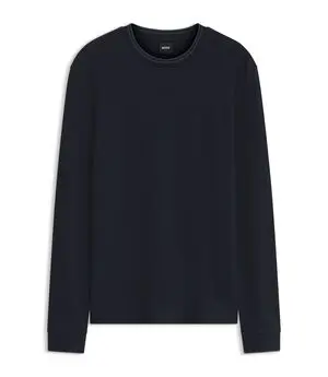 BOSS Long-sleeve T-shirt In Waffle-textured Stretch Cotton - Dark Blue