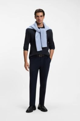 BOSS Long-sleeve T-shirt In Waffle-textured Stretch Cotton - Dark Blue