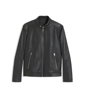 BOSS Grained Leather Zip-up Jacket With Logo Trim