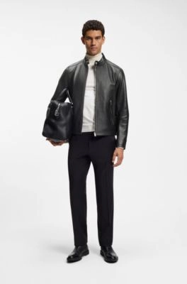 BOSS Grained Leather Zip-up Jacket With Logo Trim