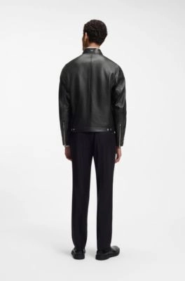 BOSS Grained Leather Zip-up Jacket With Logo Trim