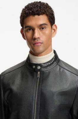 BOSS Grained Leather Zip-up Jacket With Logo Trim