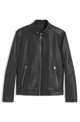 BOSS Grained Leather Zip-up Jacket With Logo Trim
