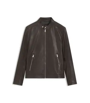 BOSS Grained Leather Zip-up Jacket With Logo Trim - Light Brown