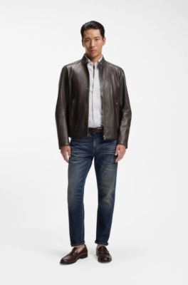 BOSS Grained Leather Zip-up Jacket With Logo Trim - Light Brown