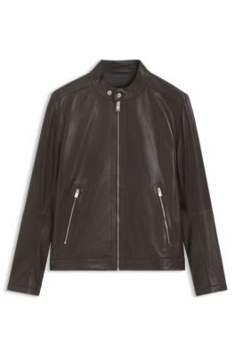 BOSS Grained Leather Zip-up Jacket With Logo Trim - Light Brown