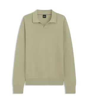 BOSS Knitted Cotton Sweater With Johnny Collar - Khaki