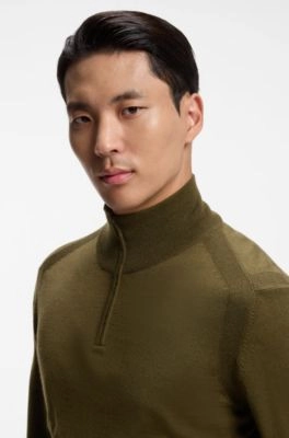 BOSS Wool Zip Neck Sweater - Light Green