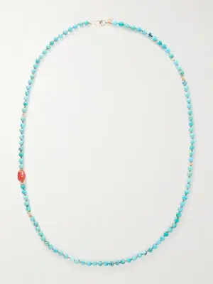PEYOTE BIRD Ritual 14kt Gold, Turquoise And Coral Beaded Necklace - Blue