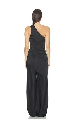 LOVERS AND FRIENDS Asymmetrical Fringe Satin Top - Black