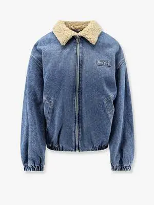 Miu Miu Denim Jacket With Faux Fur Collar And Logo Patch