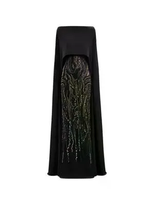 GEMY MAALOUF Beaded Embellished Cape Maxi Dress - Black