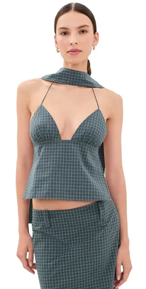Lioness Play On Halter Top With Detachable Scarf In Plaid - Navy