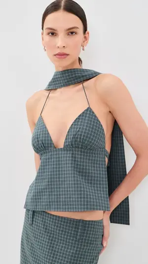 Lioness Play On Halter Top With Detachable Scarf In Plaid